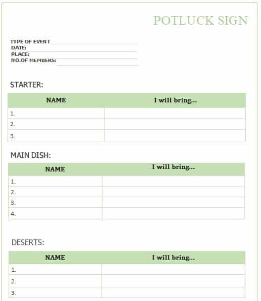 Free Potluck Sign up Sheets For Any Occasion Word PDF Excel 