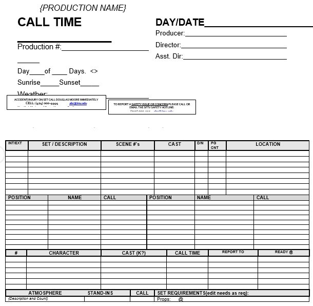 Free Printable Call Sheet Templates Excel Word PDF Best Collections