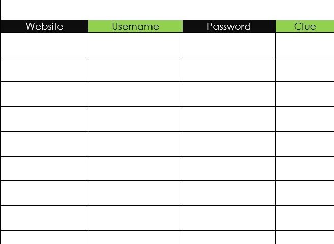 Professional Password List Templates (Excel, Word, PDF) - Best Collections