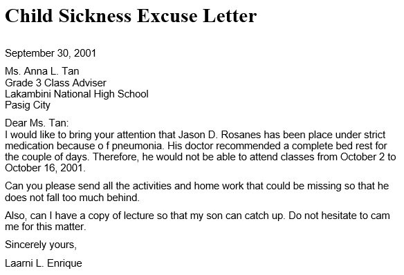 20 Free Excuse Letter For School MS Word Best Collections