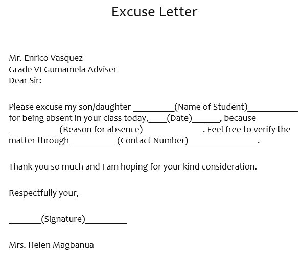 Excuse Letter For School For Being Sick