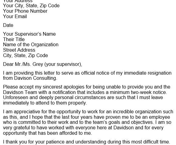 Printable Immediate Resignation Letter Template Samples Examples 